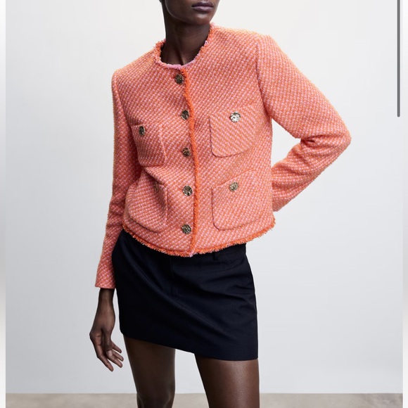 Mango | Jackets & Coats | Mango Vibrant Coral Tweed Jacket With Gold ...
